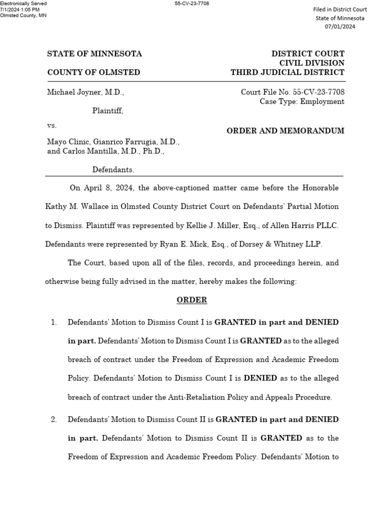 Ruling in Michael Joyner v. Mayo Clinic Lawsuit On July 1, 2024 | PDF ...