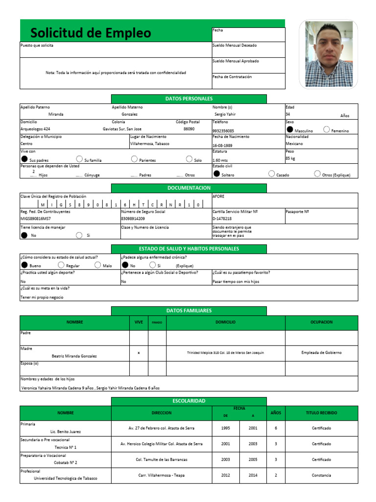 Solicitud-De-Empleo - Sergio Yahir Miranda Gonzalez - 092941 | PDF