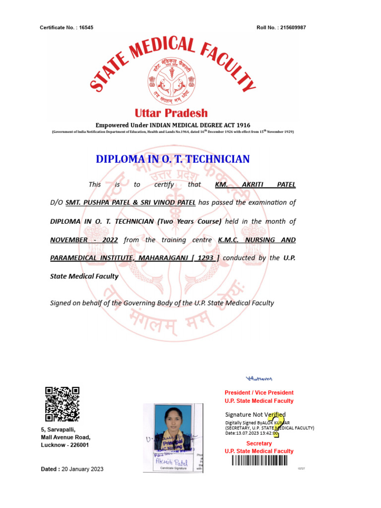 Diploma in O.T. Technician Certificate | PDF