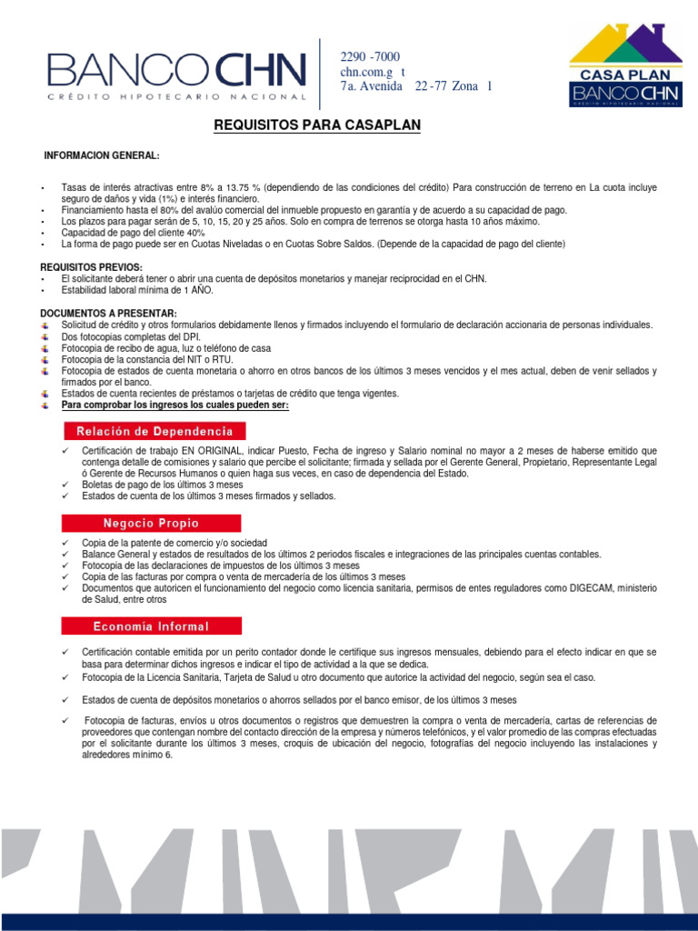 Requisitos Casa Plan Banco CHN | PDF | Bancos | Economias