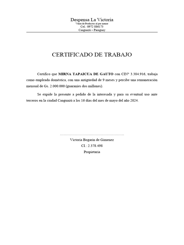 Certificado de Trabajo Empleada Doméstica | PDF