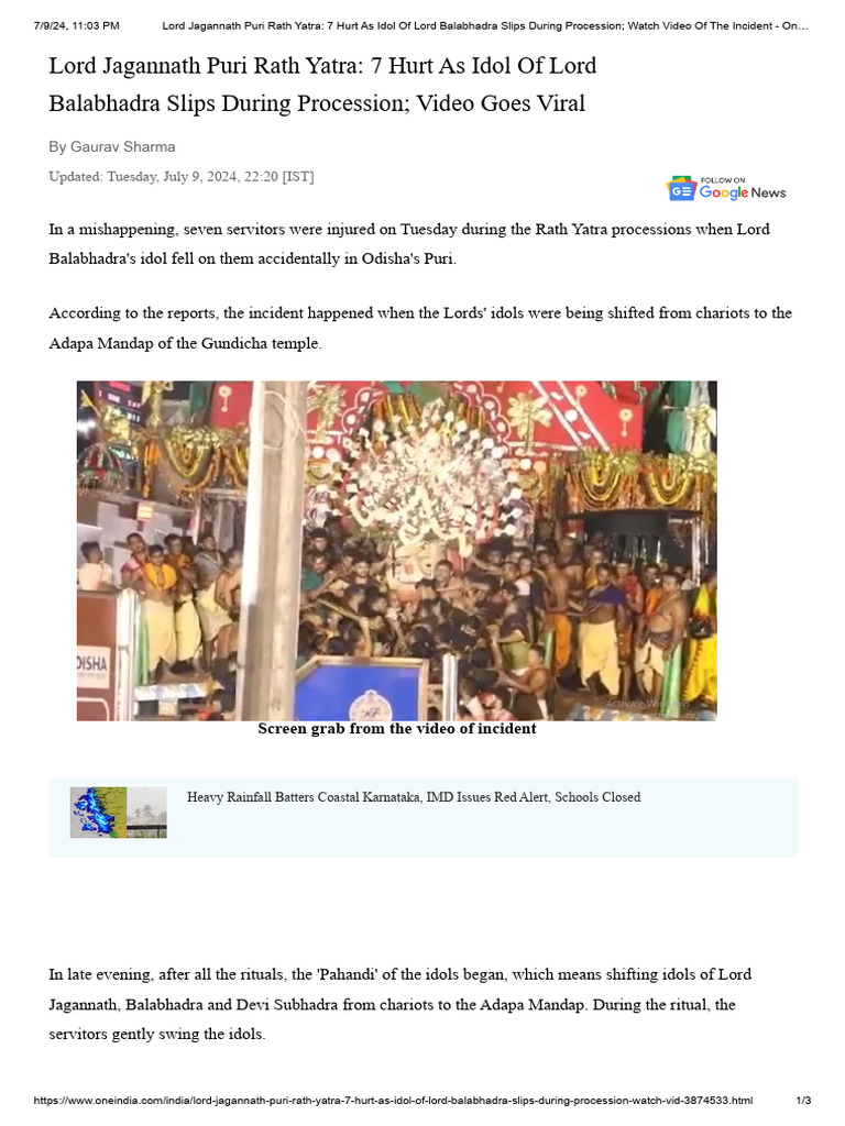 Lord Jagannath Puri Rath Yatra - 7 Hurt As Idol of Lord Balabhadra Slips During Procession Watch ...