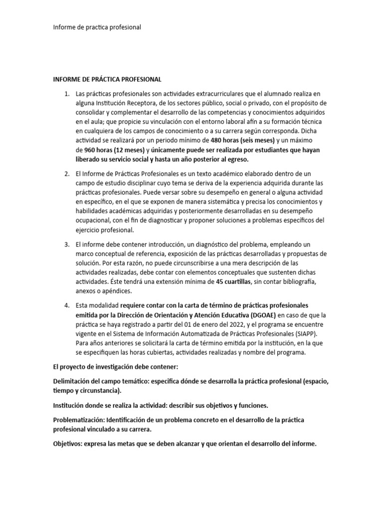 Qué es un informe de practicas profesionales | PDF