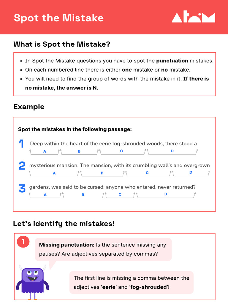 GL 11+ English Worksheet - Spot The Mistake | PDF | Punctuation | Text