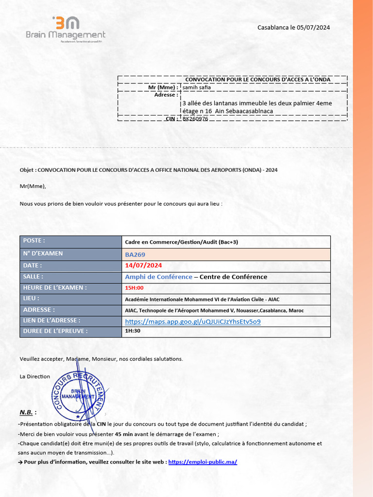 Convocation Concours ONDA 2024 | PDF