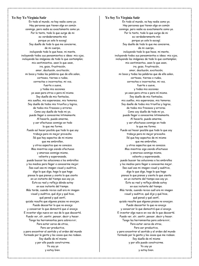 Poema "Yo Soy Yo" de Virginia Satir | PDF | Artes del Lenguaje y ...