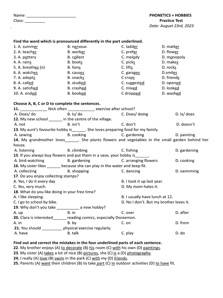 Phonetics and Hobbies Practice Test | PDF