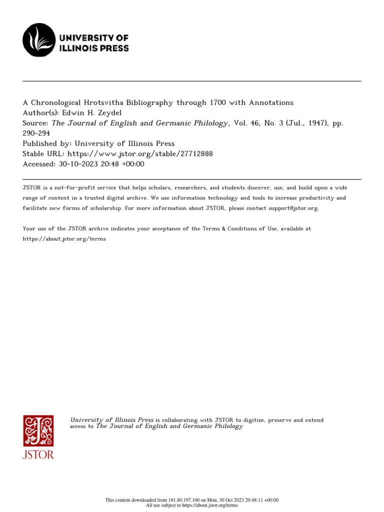 Zeydel - A Chronological Hrotsvitha Bibliography (1947) | PDF | History