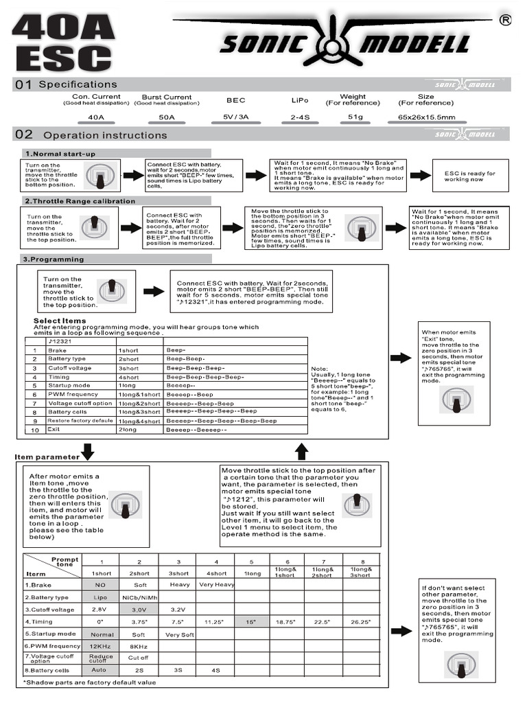 Sonic Modell 40a Esc MANUAL | PDF