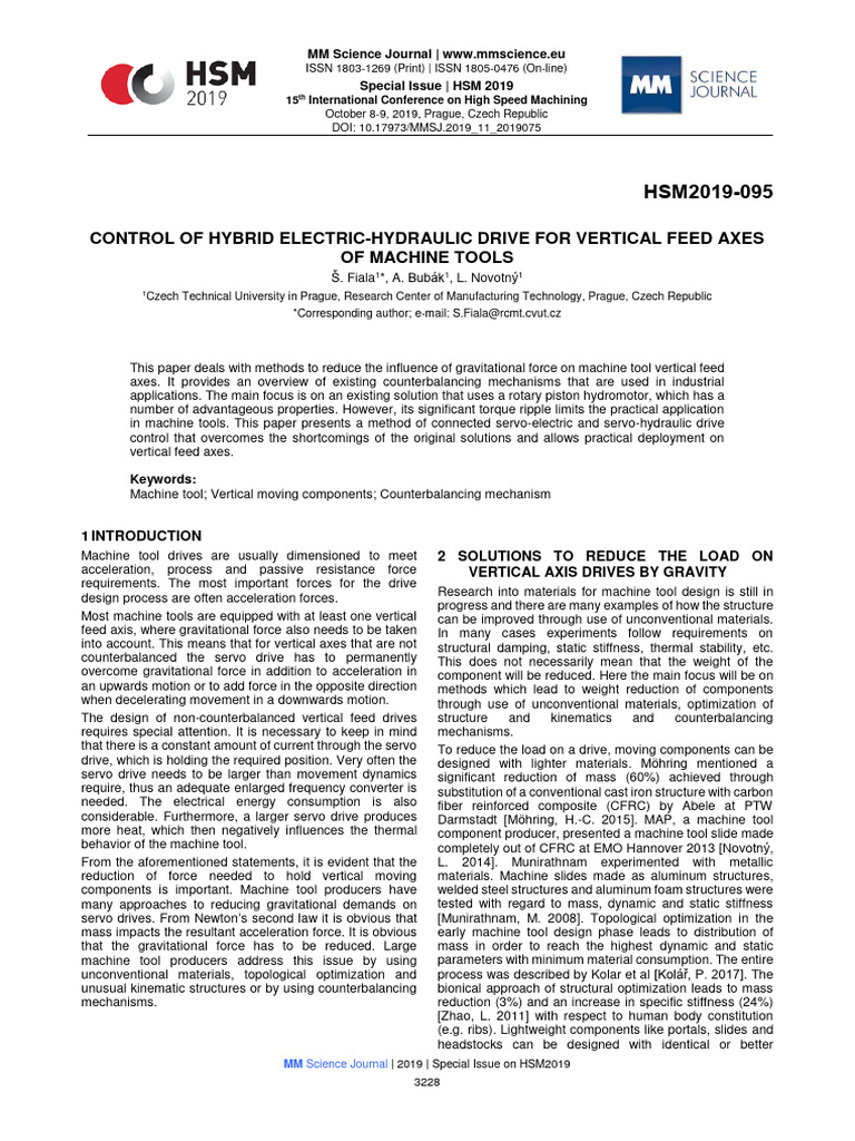 Mmscience 2019 11 Control of Hybrid Electric Hydraulic Drive for Vertical Feed Axes of Machine ...