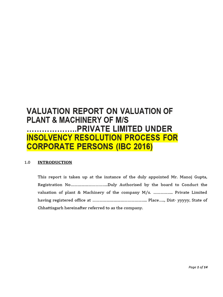 IBC Valuation Report for Plant & Machinery | PDF | Valuation (Finance ...