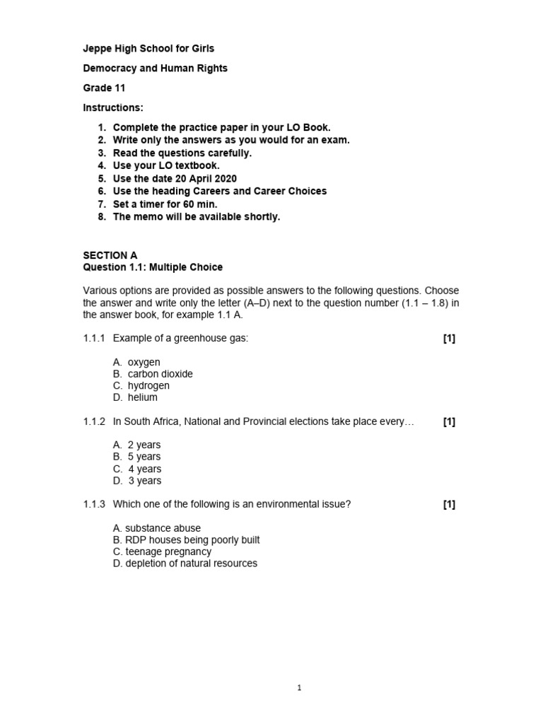 Grade 11 Democracy & Human Rights Exam | PDF | Elections | Natural ...