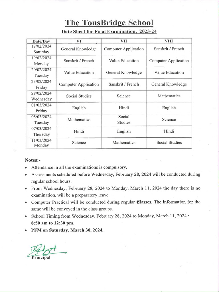 Date Sheet Final Exam VI To VIII | PDF