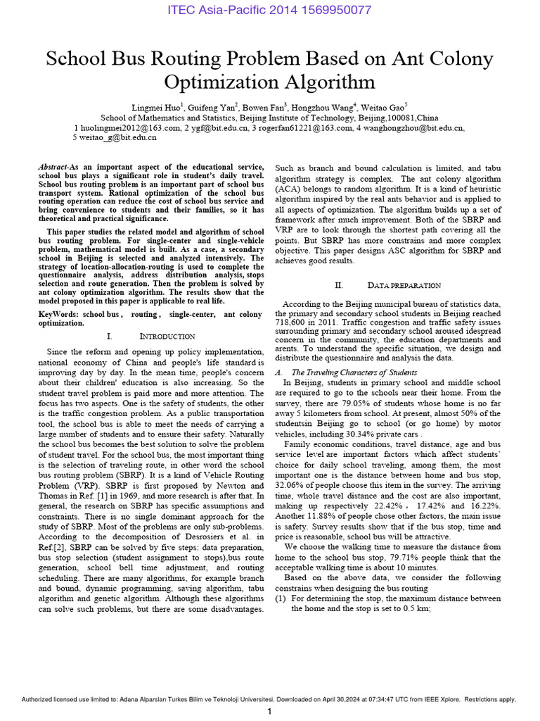 School Bus Routing Problem Based On Ant Colony Optimization Algorithm | PDF | Mathematical ...