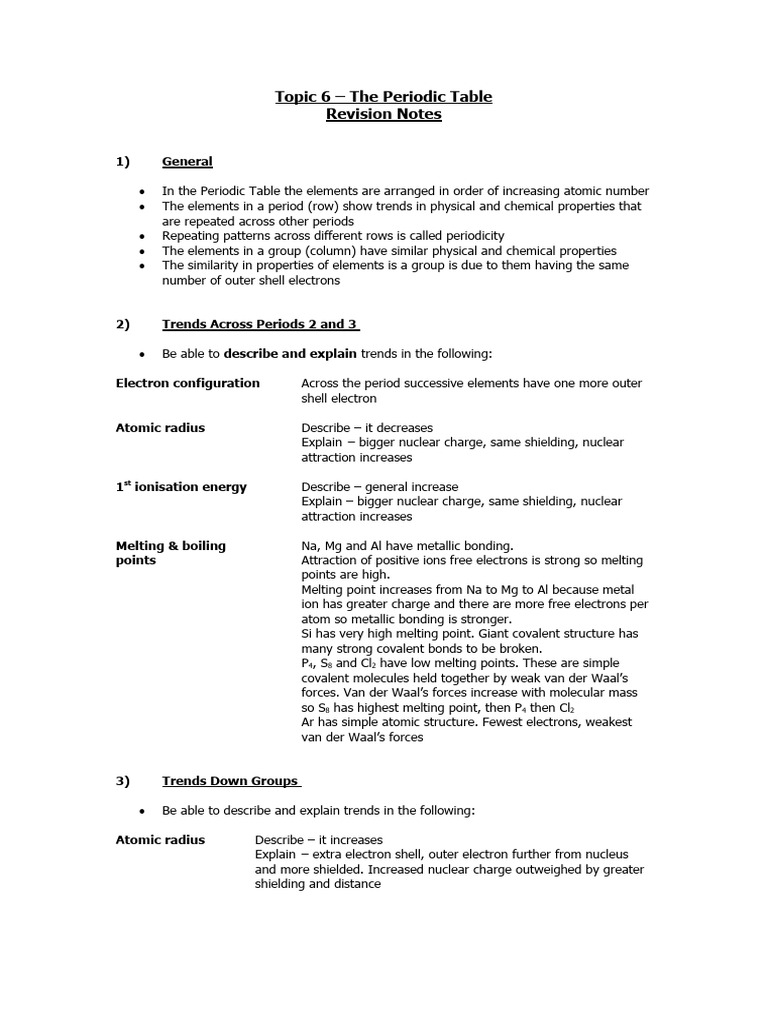 As Test 6 Notes - The Periodic Table | PDF | Chlorine | Redox