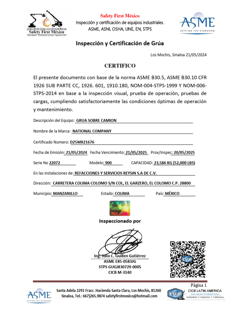 Certificado Asme b30-5 Grua Sobre Camion Marca National Modelo 900 ...