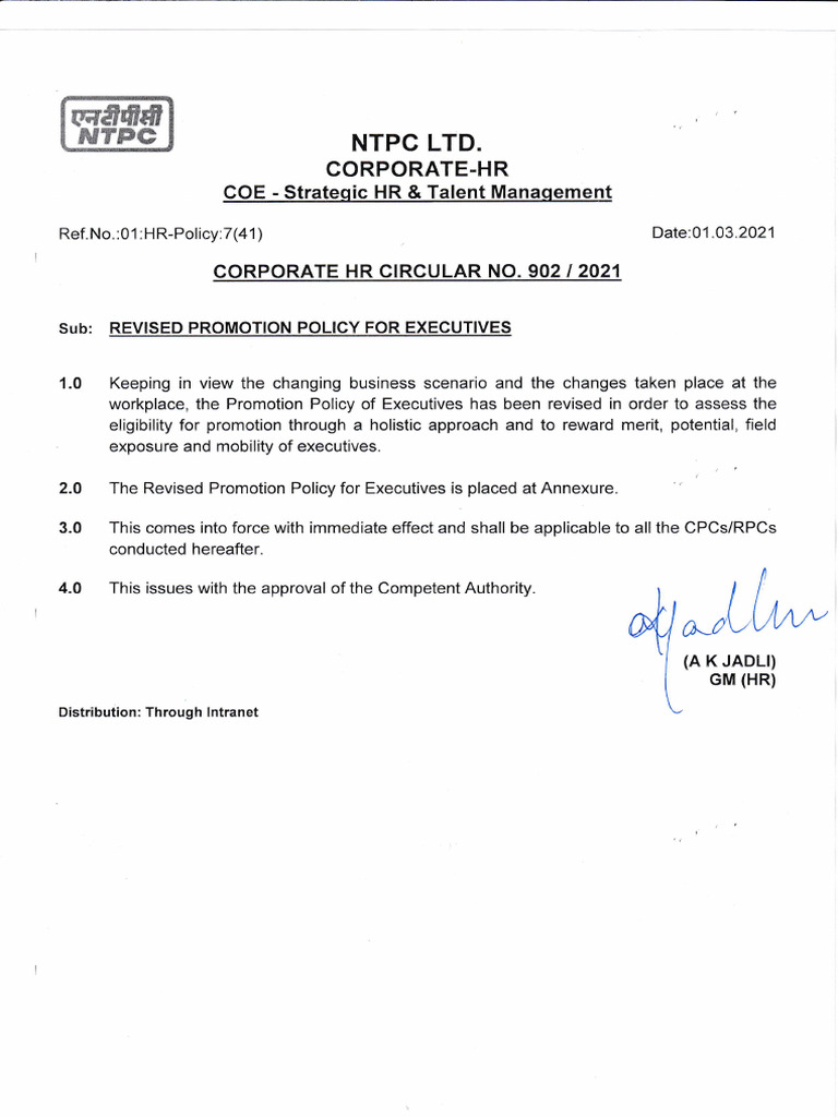 NTPC Revised Executive Promotion Policy | PDF | Performance Appraisal ...