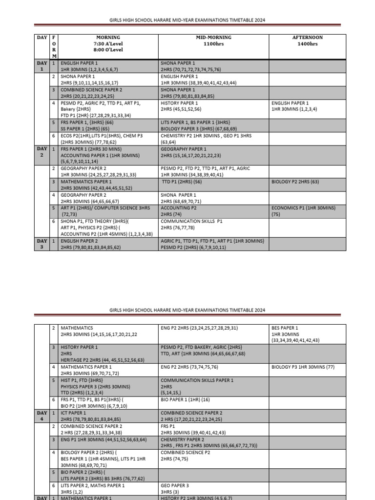Mid Year Timetable-1 | PDF | Natural Sciences | Observation