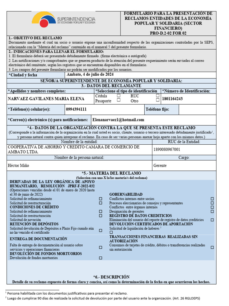 FOR 02 Formulario para La Presentacion de Reclamos Entidades de La EPS ...