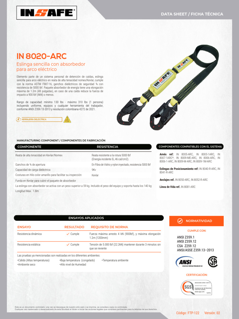 Ficha Técnica Eslinga IN 8020-ARC-FTP-122 | PDF