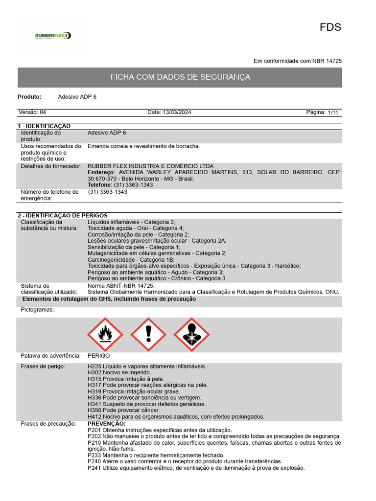 FDS NBR 14725 (PT) - Adesivo ADP 6 - V04 - 20240325121905 | PDF | Embalagem e rotulagem