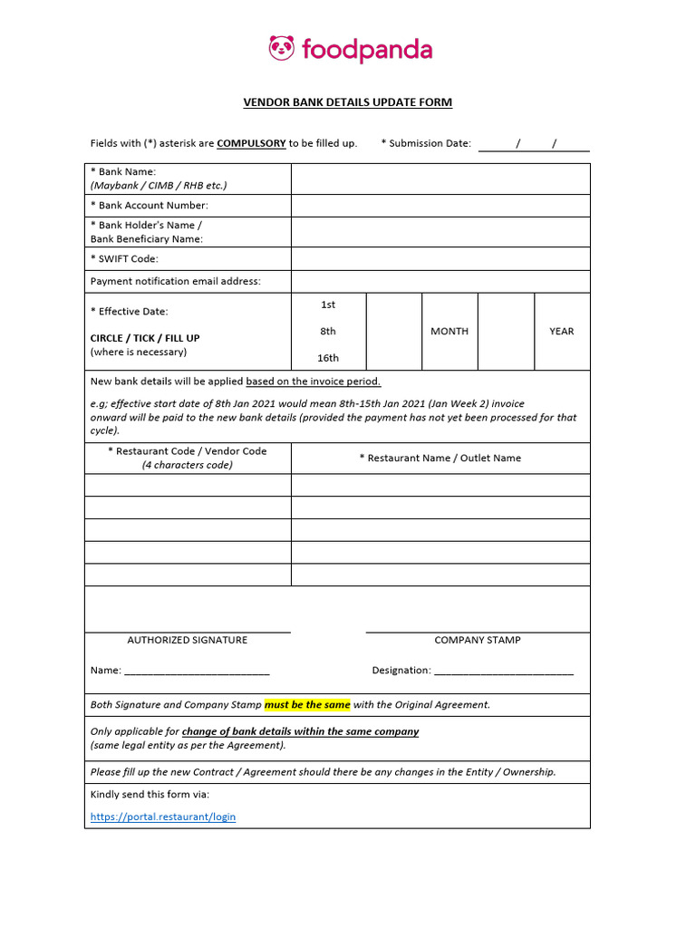 FP Vendor Bank Details Update Form 2021 | PDF