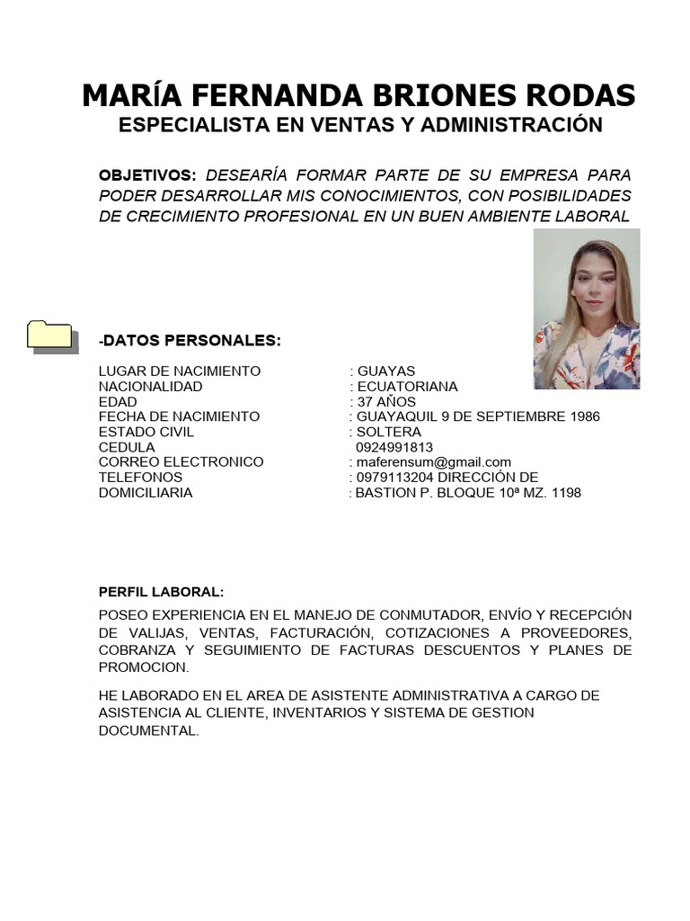 Hoja de Vida Maria Fernanda Briones 2024 | PDF | Business