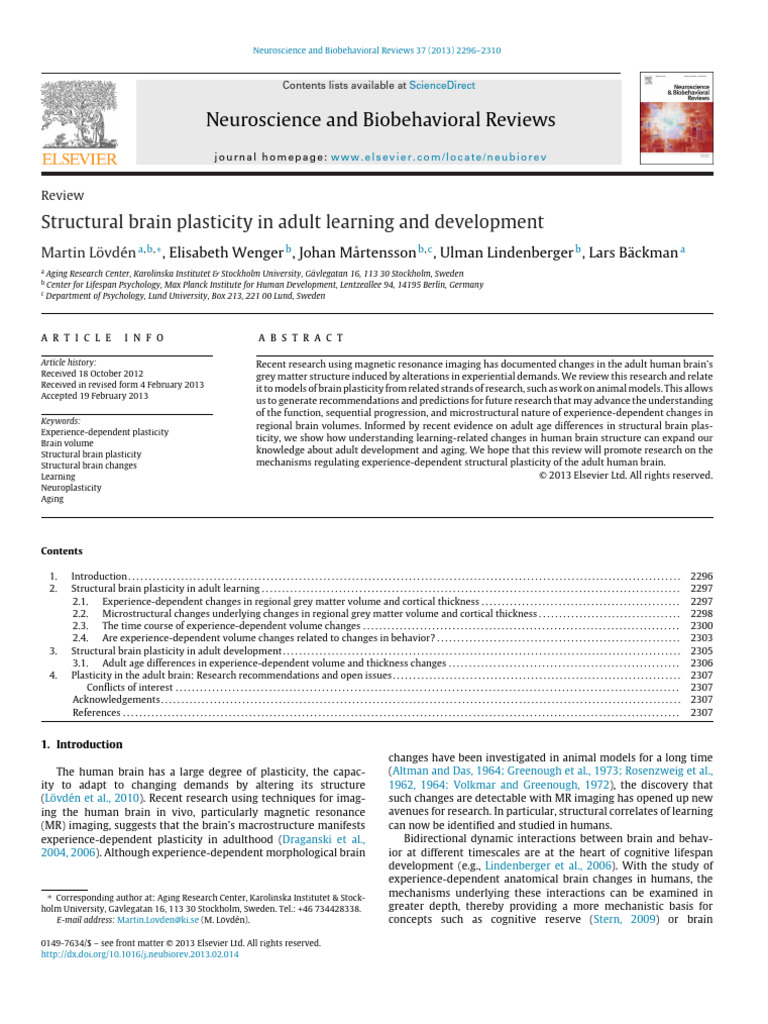 Structural Brain Plasticity in Adult Learning and Development | PDF ...