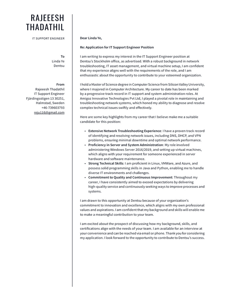 Rajeeesh Thadathil - Cover Letter | PDF | Computer Network | System Administrator
