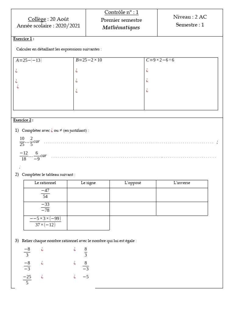 Contrôle de Maths 2AC Semestre 1 | PDF | Division | Objets mathématiques