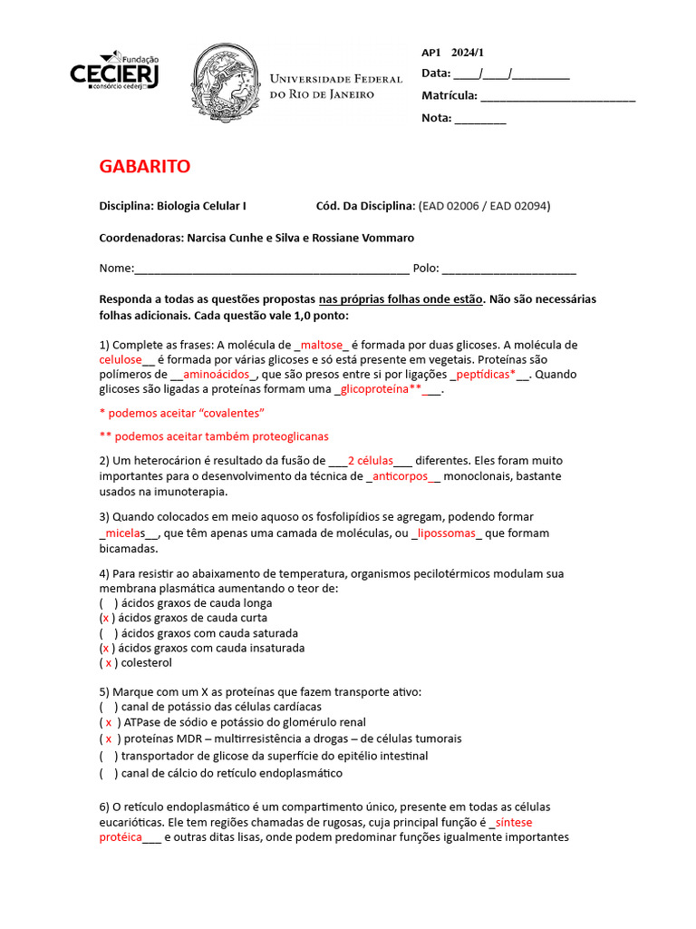 GABARITO AP1 Biocel I 2024-1 | PDF | Proteínas | Retículo endoplasmático