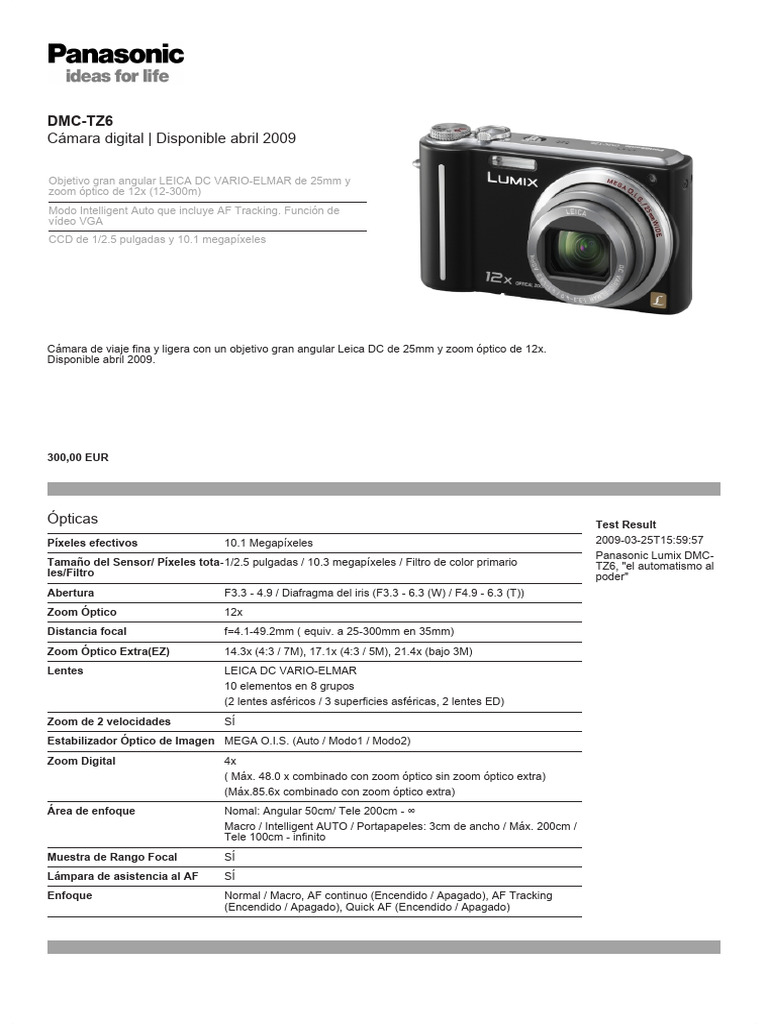Cámara Panasonic Lumix DMC-TZ6 10MP | PDF | Imagen | Tecnología de cine ...