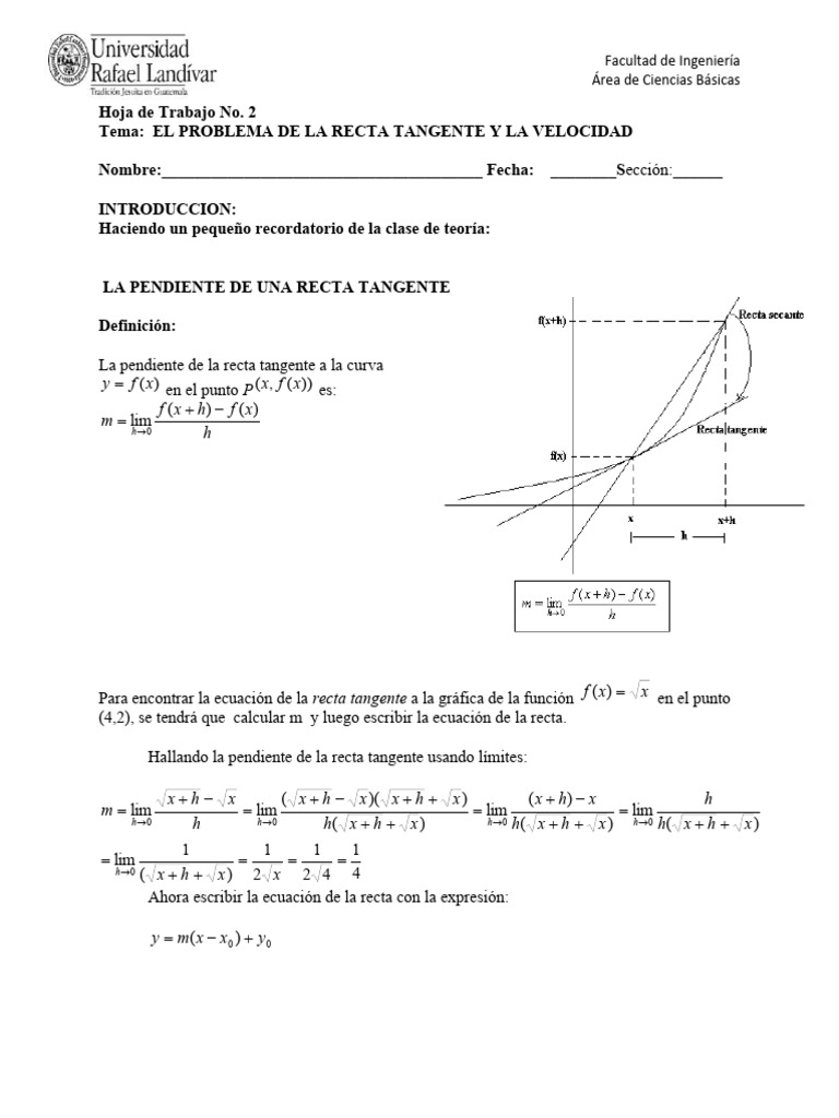 Hoja de Trabajo 2 Calculo I El Problema de La Recta Tangente y La Velocidad Bkup. | PDF ...