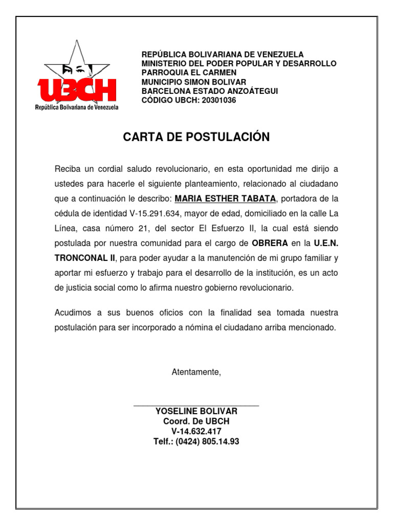Carta de Postulación Ubch Obreras | PDF | Venezuela | Política de venezuela
