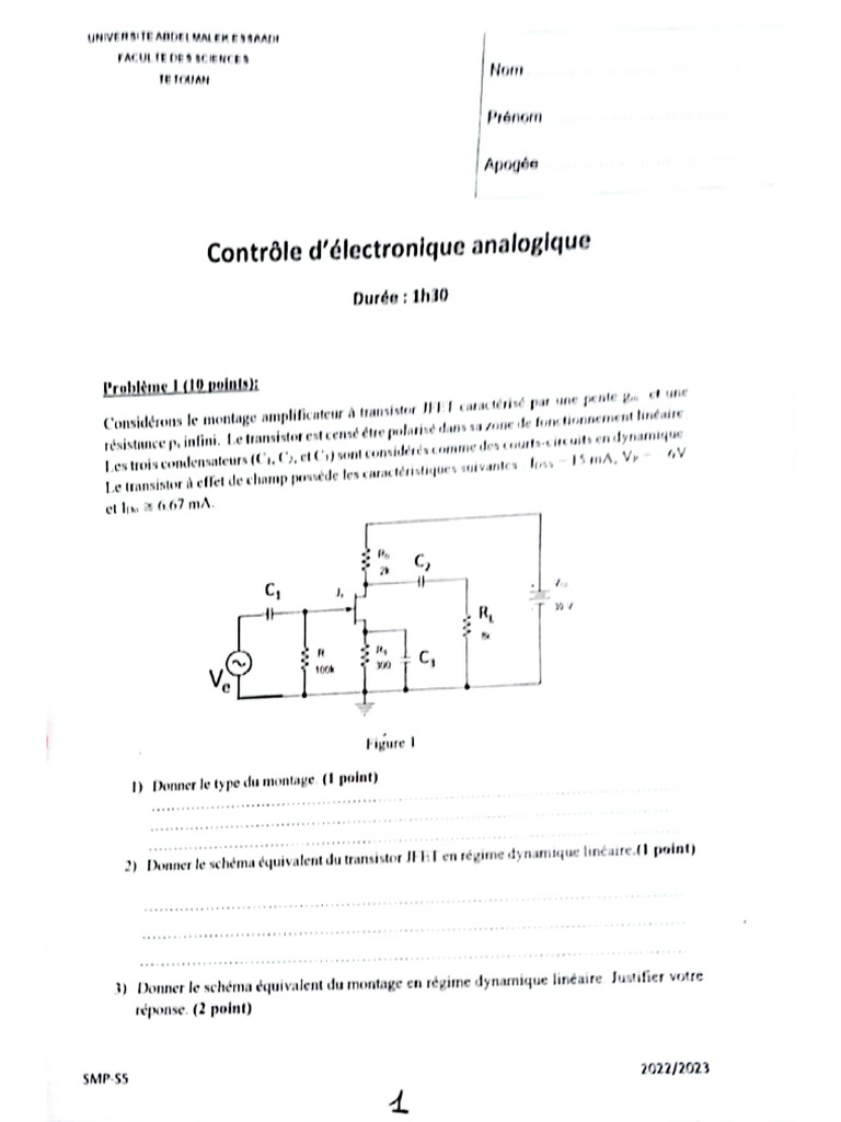 Corrigé Contrôle Normal Électronique SMP-S5-2022-2023 | PDF