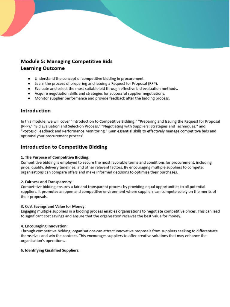 Module 5: Managing Competitive Bids Learning Outcome: 1. The Purpose of ...
