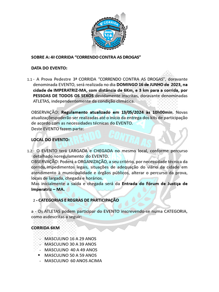 Regulamento CORRIDA 2024 2 | Download grátis PDF | Tempo