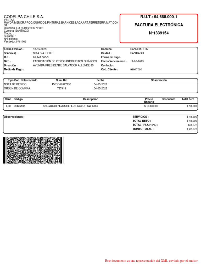 Codelpa Chile S.A.: R.U.T.: 94.668.000-1 Factura Electrónica N°1339154 ...