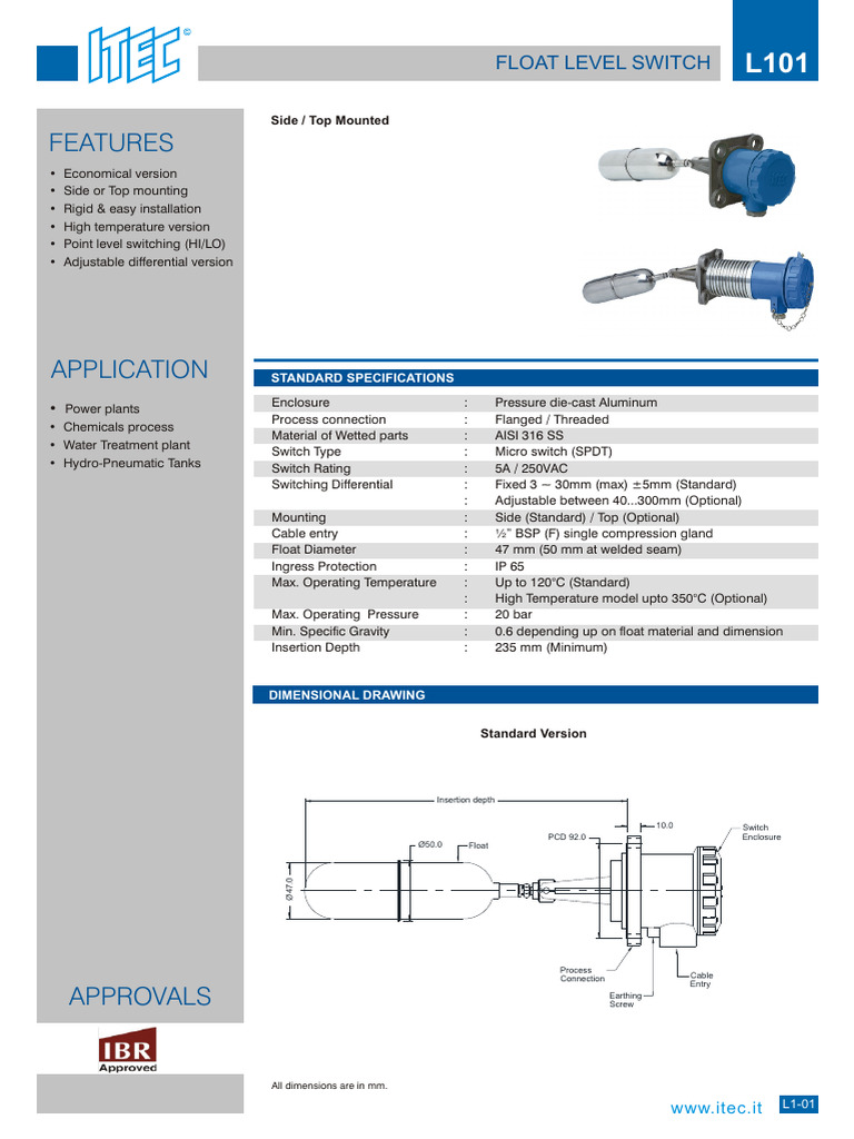 Features: Float Level Switch | PDF | Screw | Mechanical Engineering