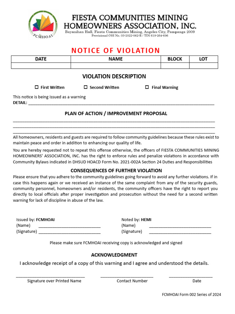 002 Form - Violation Notice | PDF | Justice | Crime & Violence