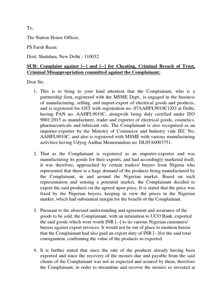 Police Complaint for Money Cheating Case | PDF | Common Law