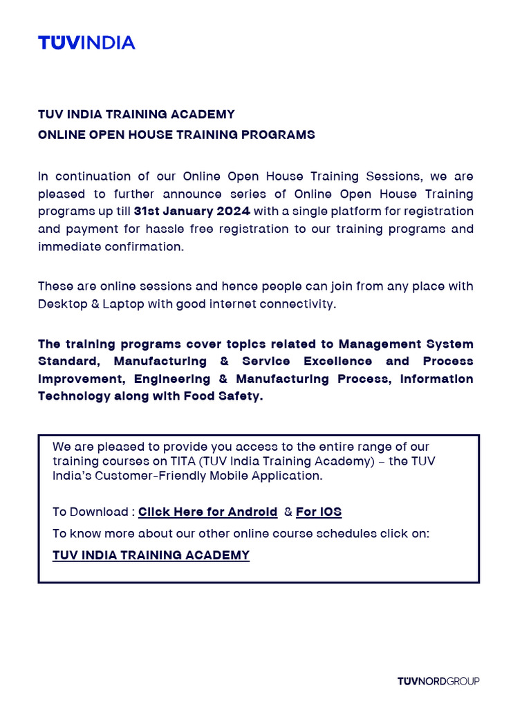 TUV India Training Academy Online Training Calendar Uptill 31st Jan ...