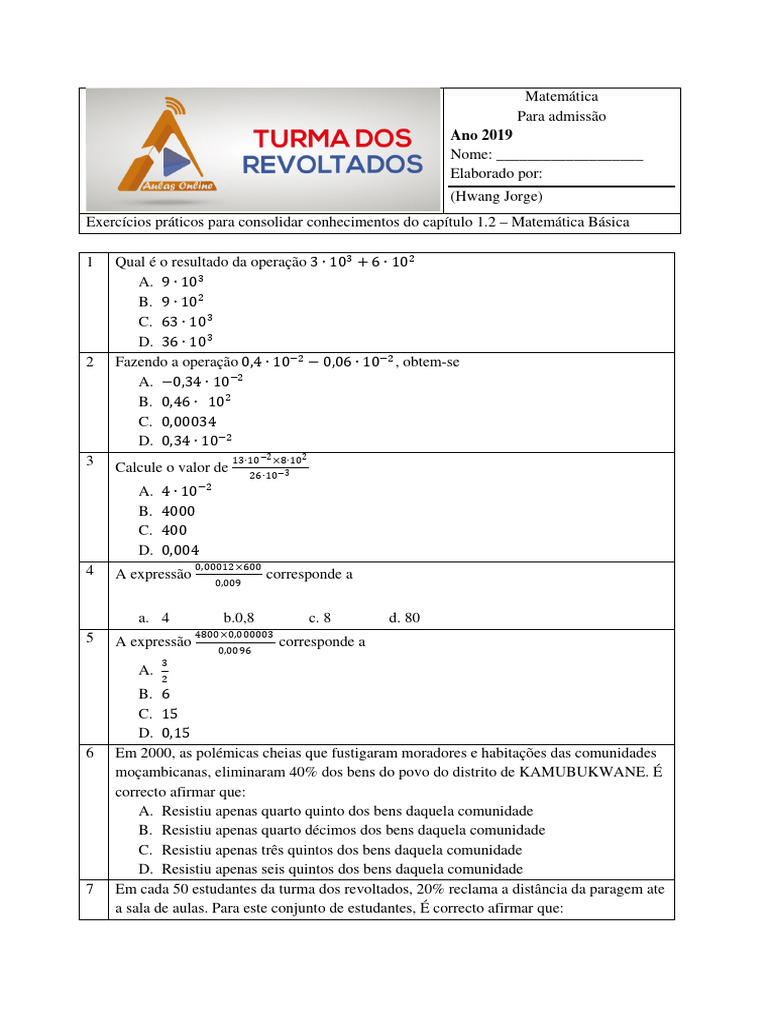 FICHA 01-2 - Complementar - FHJ - Matematica Basica 2 | PDF | Matemática