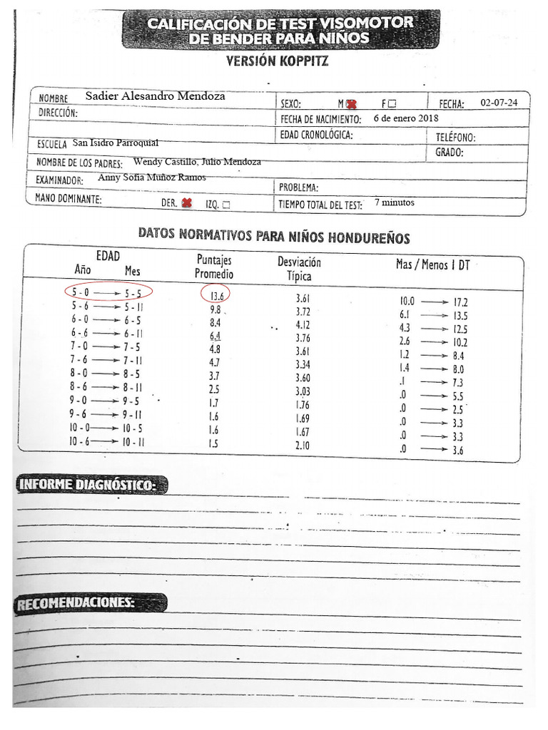 Hoja de Calificacion - Bender Koppitz | PDF