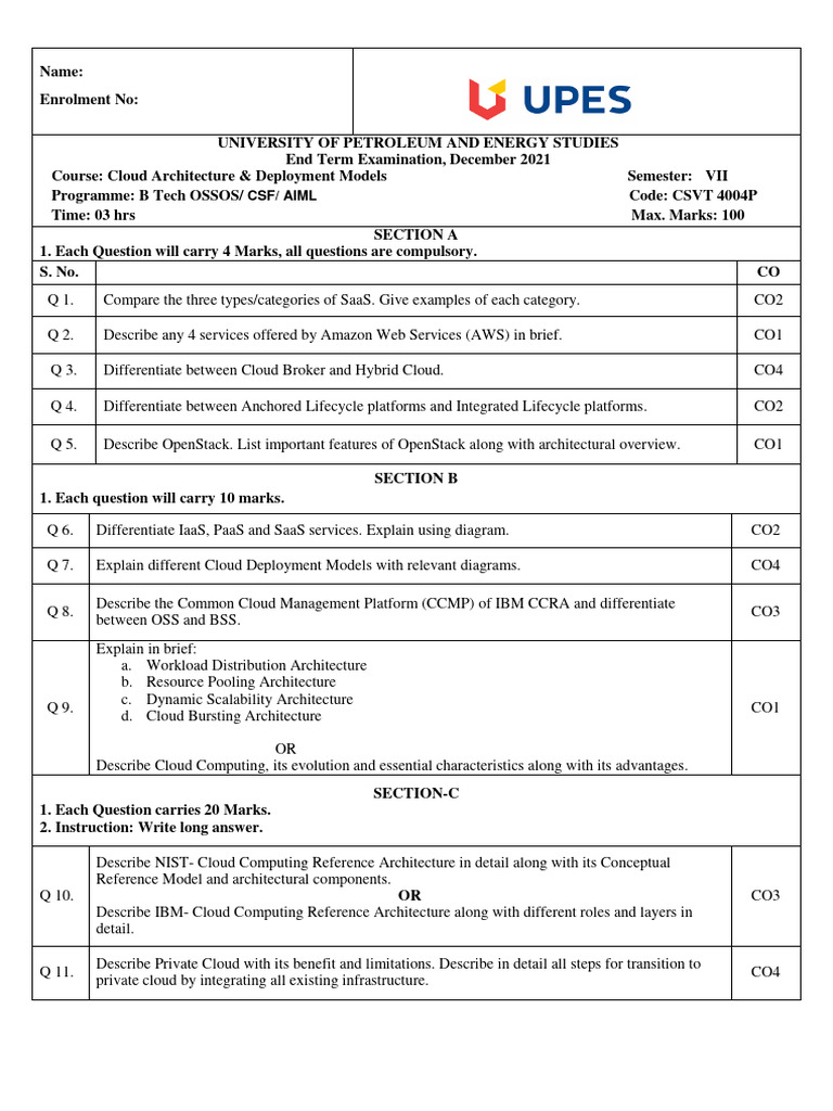 8056 ESE DEC21 SOCS 7 BTech-CSF CSVT4004P Cloud Architecture & Deployment Models | PDF | Cloud ...