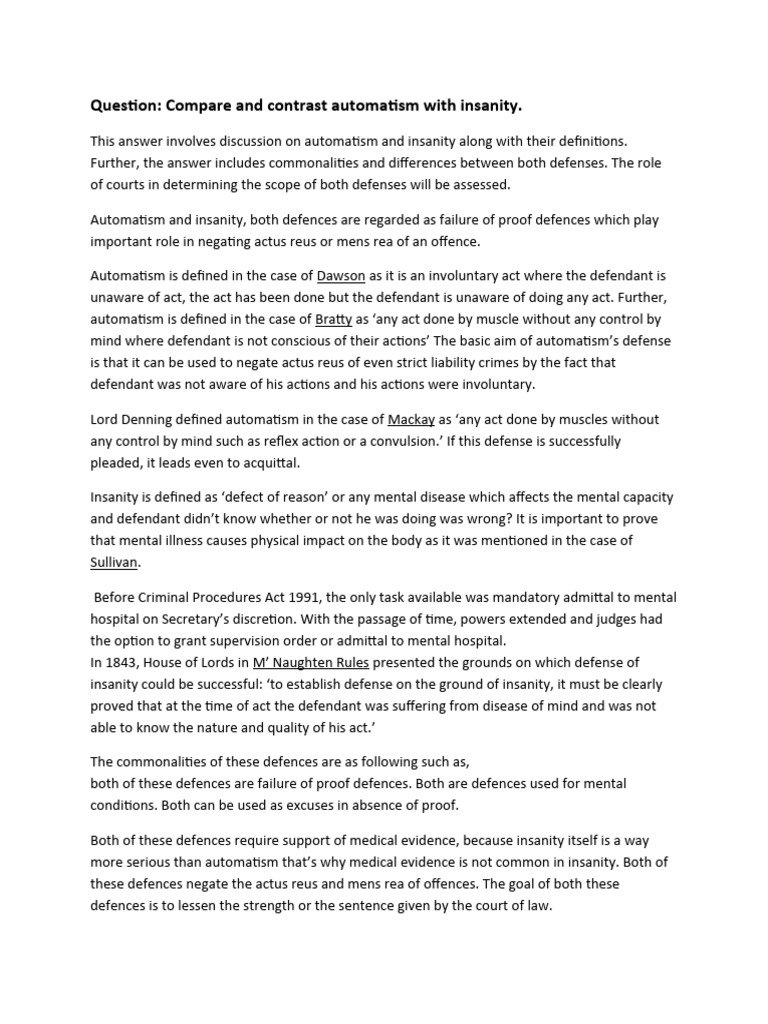 Automatism and Insanity | PDF | Insanity Defense | Misconduct