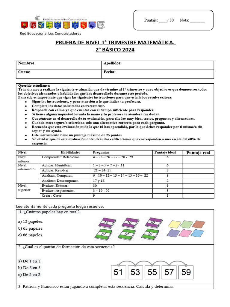 Prueba de Nivel de Matemática 1TRI Corregida | PDF