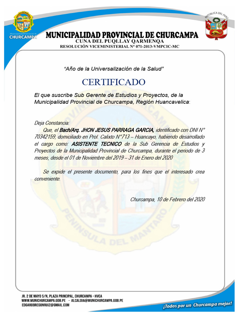 Certificado Asistente Técnico Churcampa | PDF | Ciencias sociales