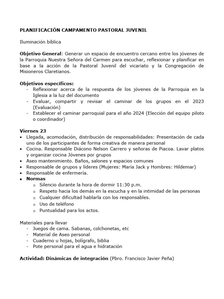 Planificación Campamento Pastoral Juvenil | PDF | Ciencias sociales | Estudios de idiomas ...