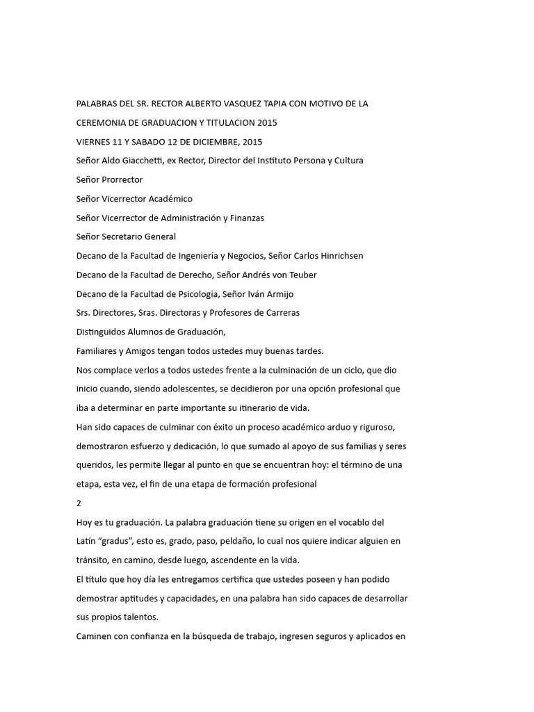 Discurso Del Rector Tito Tunta | PDF